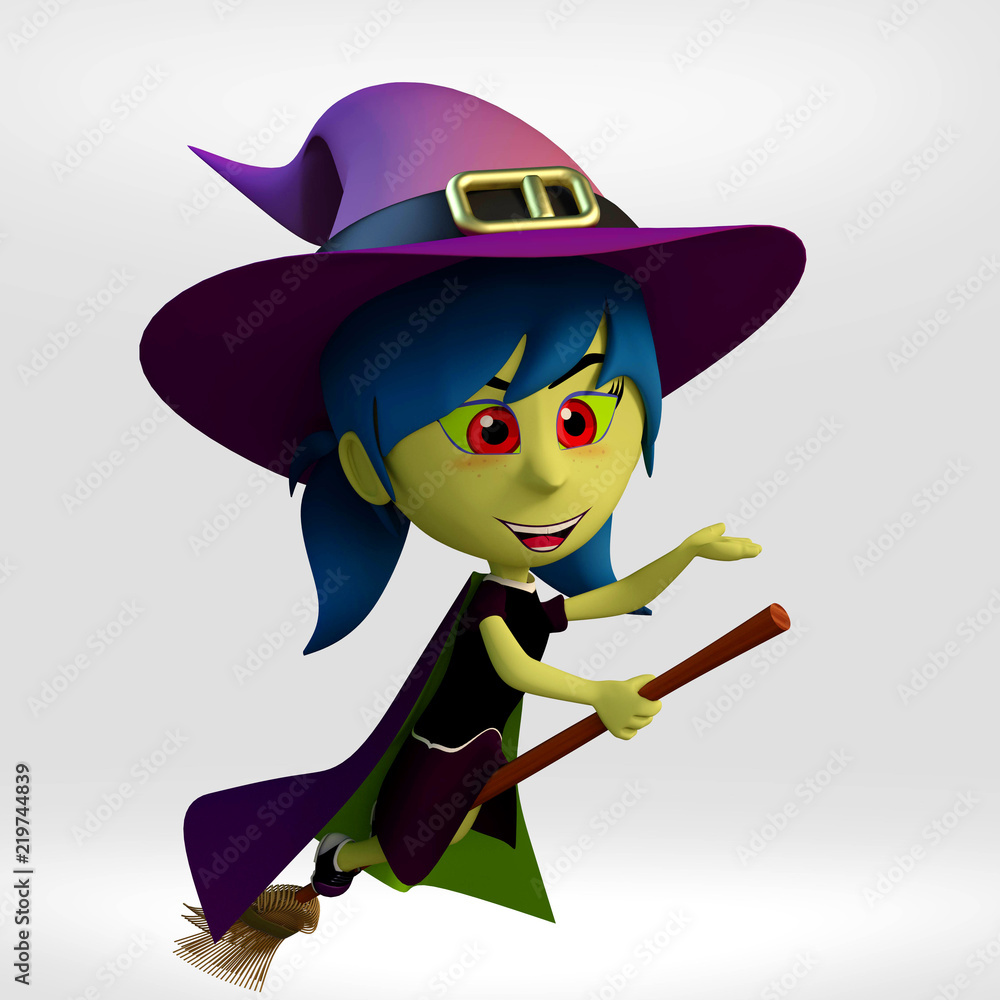 halloween, girl dressed up as witch flying with broom running on white ...