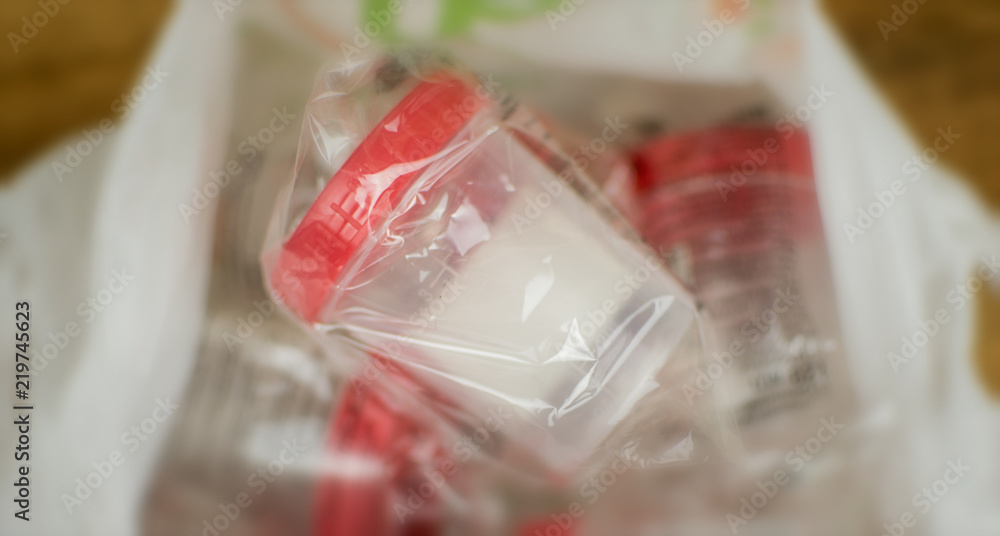 Disposable jars for collection of urine for analysis. Stock Photo ...