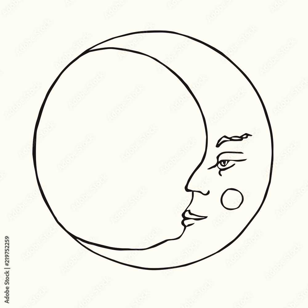 The moon with young face of beautiful man, old fashioned woodcut style ...