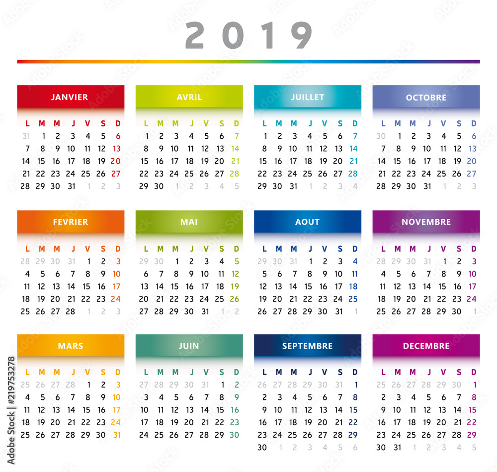 Calendrier 2019 en Français - Couleurs Arc-en-Ciel Format 4 Trimestres ...