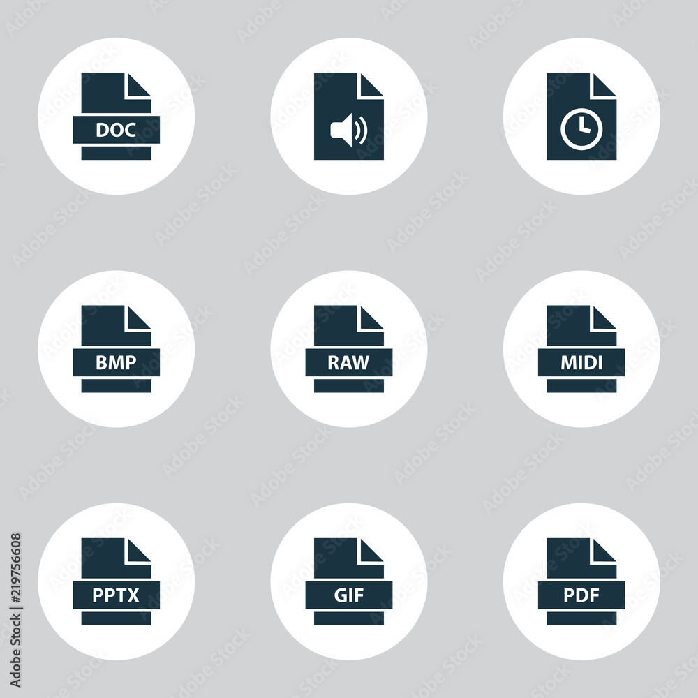 Types icons set with raw, audio, file and other bitmap elements ...