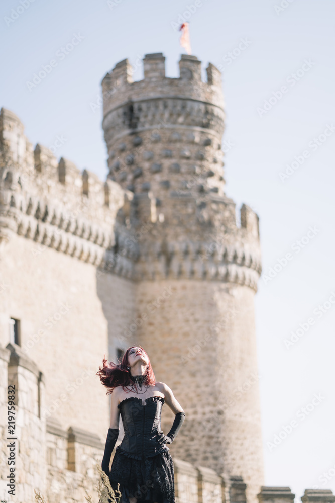 Pretty red haired medieval girl poses together castle. Stock Photo ...