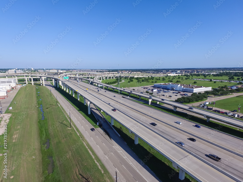 Top view Interstate 10 or Katy freeway with massive intersection, stack ...