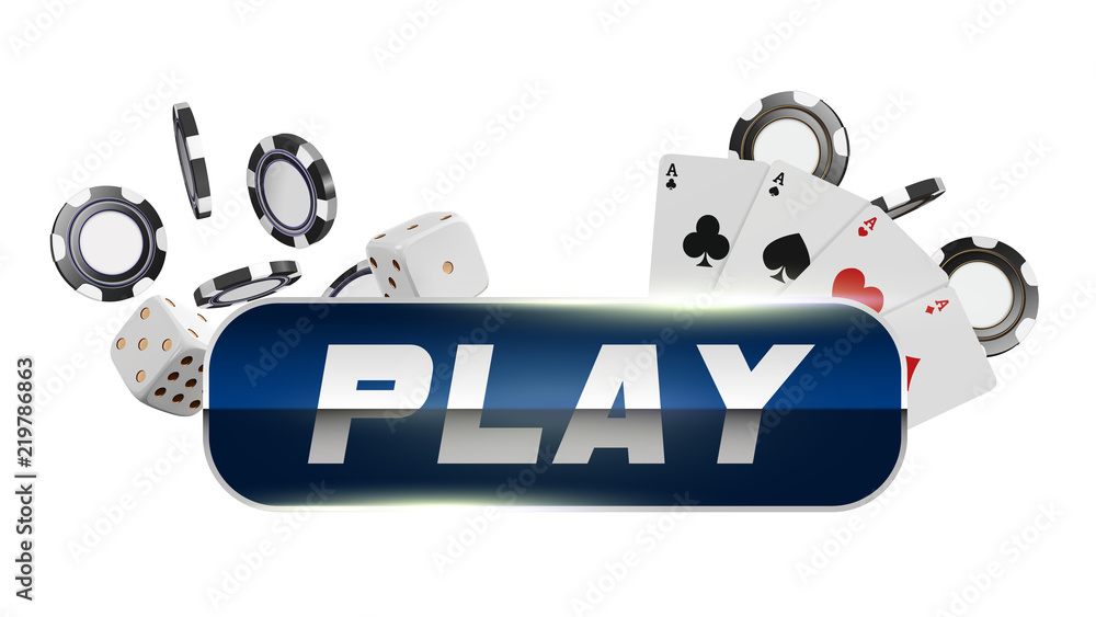 Blue round play button with metallic border on white background. Casino ...