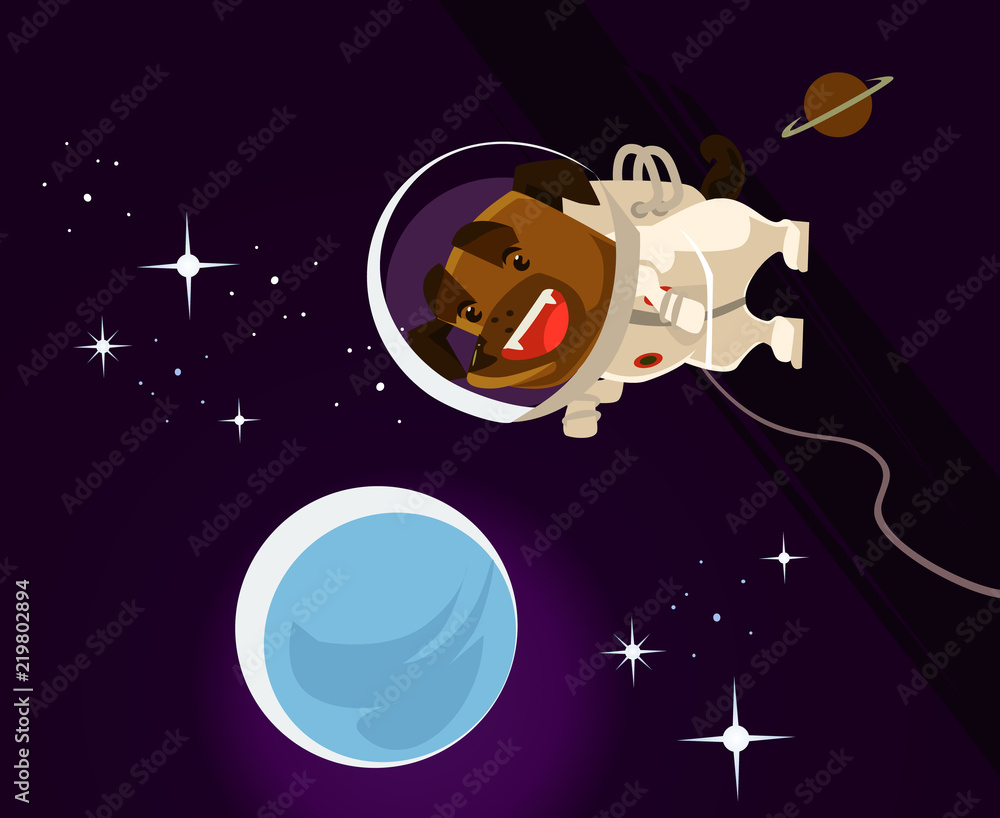 Happy smiling dog astronaut character in space wearing spacial suit ...