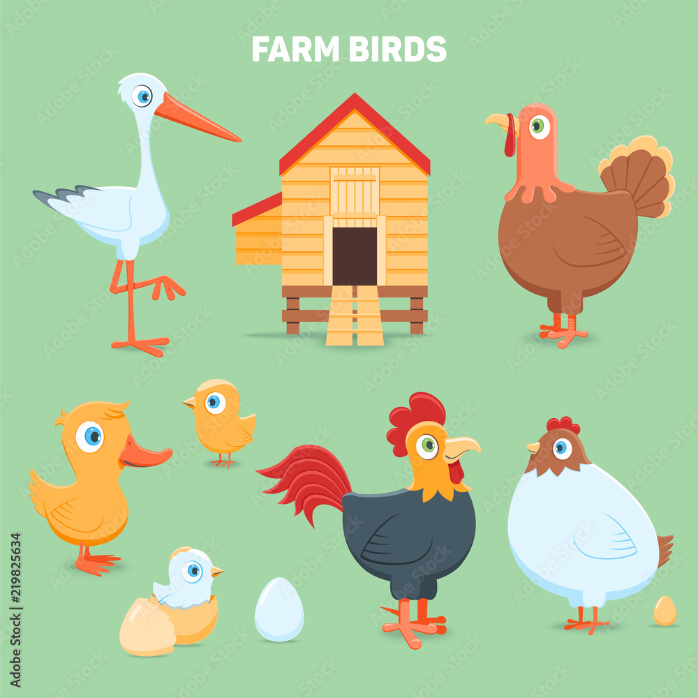 Farm birds and coop.. Cartoon style images. Vector illustration Stock ...