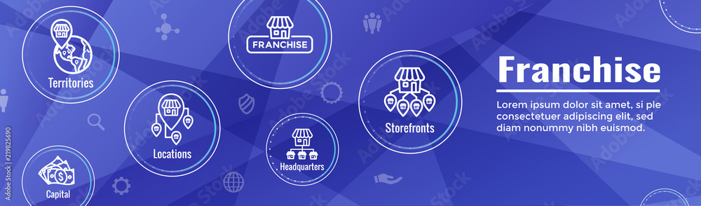 Franchise Icon Set with Home Office, corporate Headquarters and ...