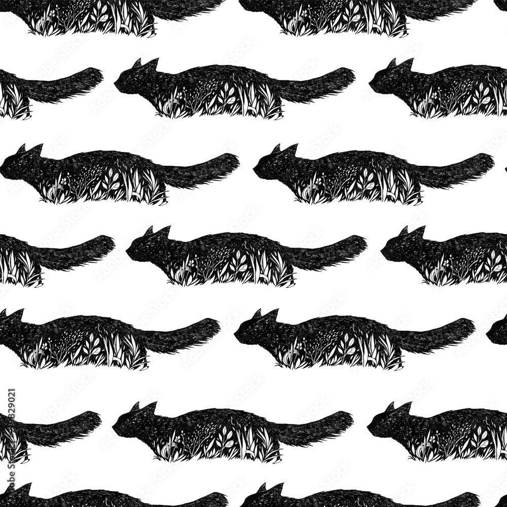 Seamless texture with Cat in a grass. Feline repeating pattern. Cute ...