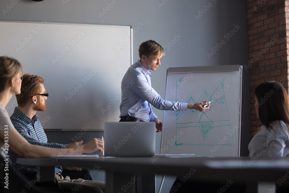 Serious male speaker or presenter diving flipchart presentation ...