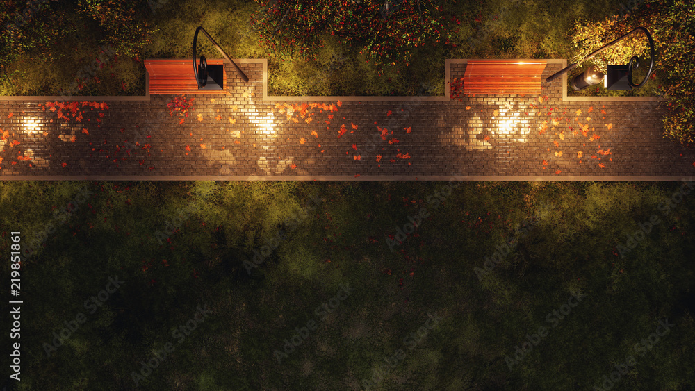 Top down view of pavement walkway lit by street lamps with empty ...