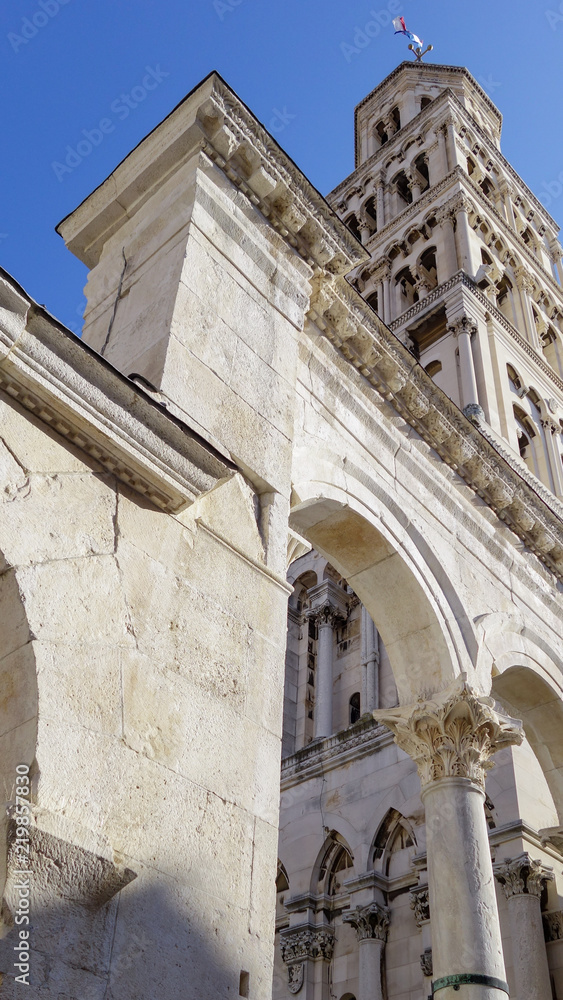 Ancient Roman wall, the tower and arches of the Diocletian Palace in ...