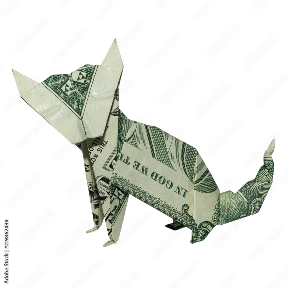 Money Origami Sitting CAT Folded with Real One Dollar Bill Isolated on ...