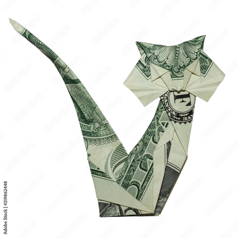 Money Origami Jowly CAT Folded with Real One Dollar Bill Isolated on ...