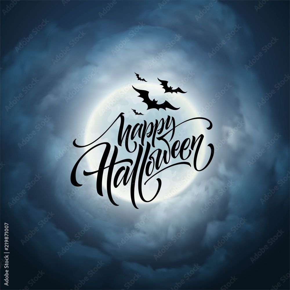 Halloween glowing night background with the moon, bats. Calligraphy ...