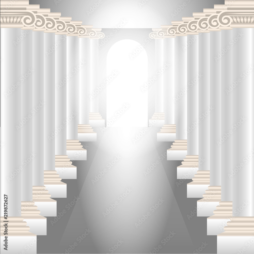 column hall. Gorgeous corridor with columns and a glowing heavenly ...