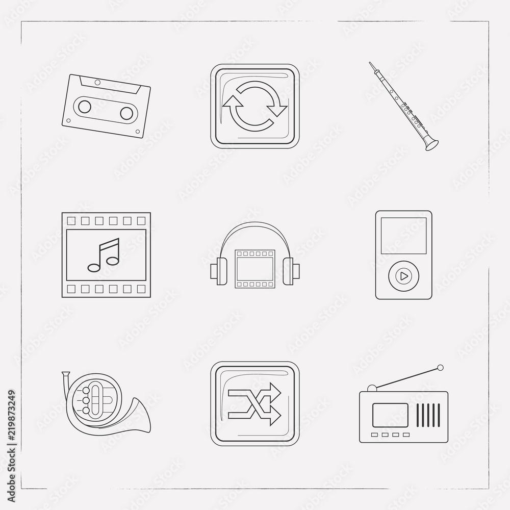 Set of music icons line style symbols with shuffle button, radio, music ...