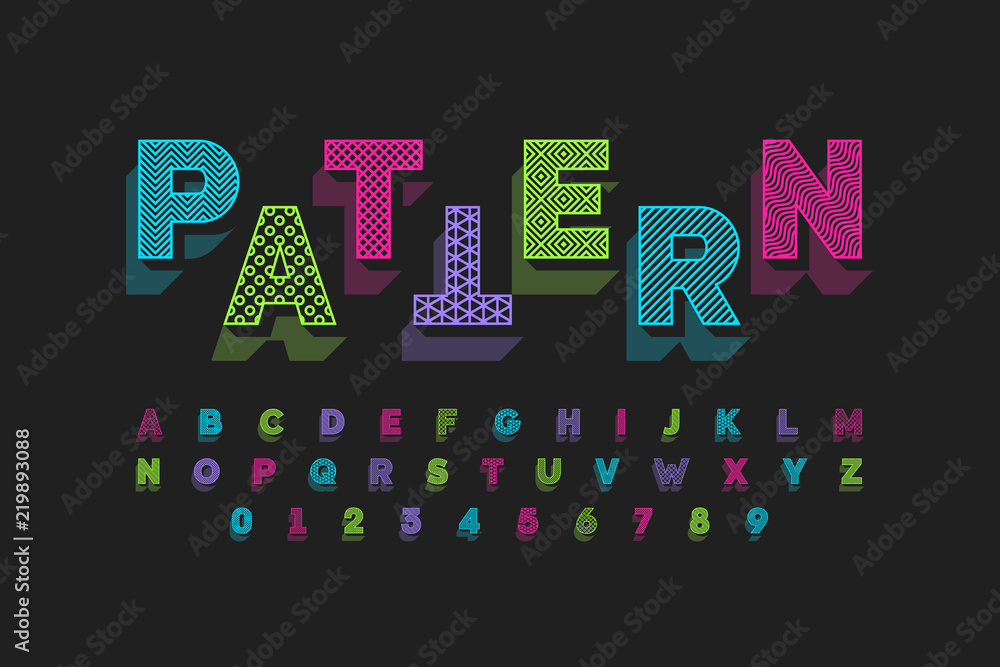 Modern font design with different patterns inside, alphabet letters and ...