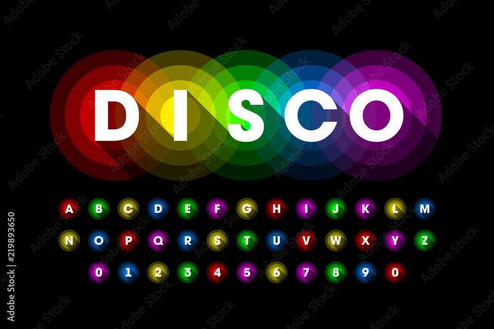 Colorful disco style font design, alphabet letters and numbers Stock ...