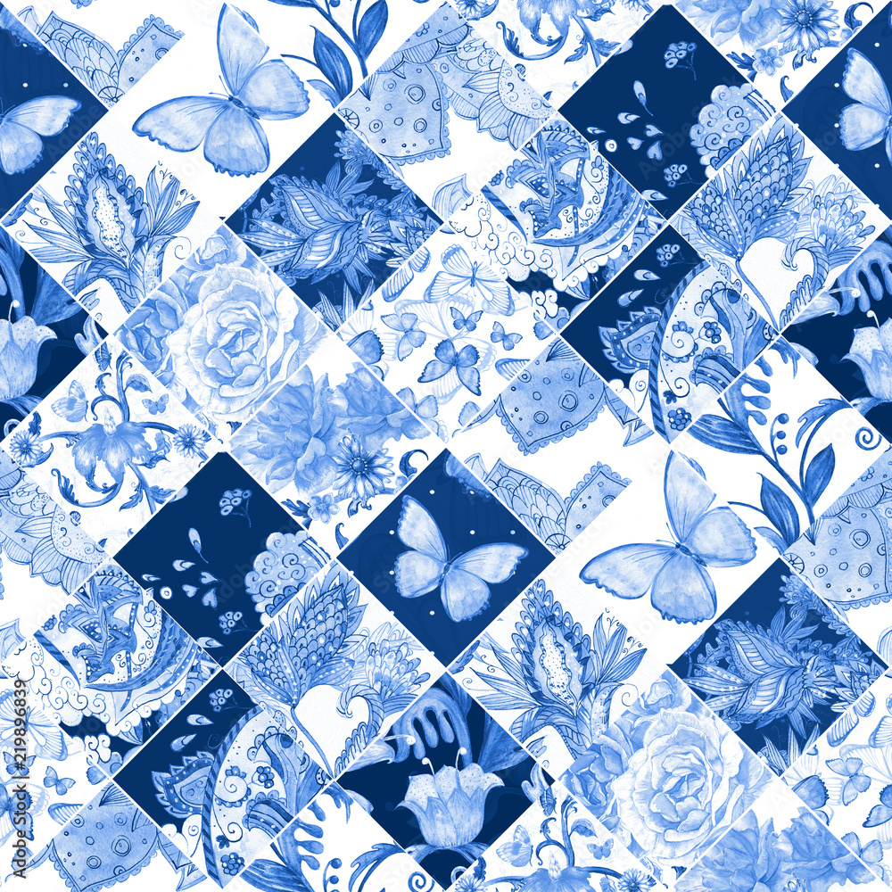 fashion seamless texture with blue floral patchwork pattern. watercolor ...