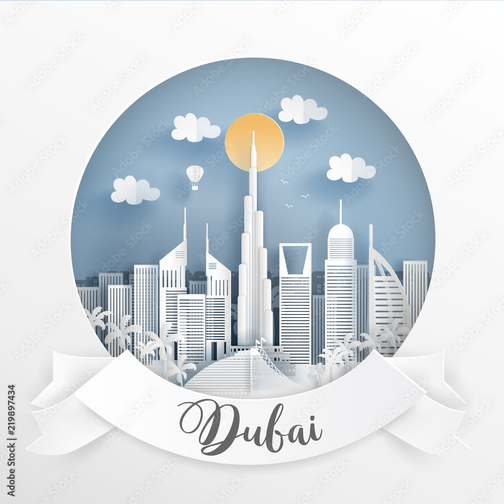 Vecteur Stock Paper cut style of world famous landmark of Dubai and ...