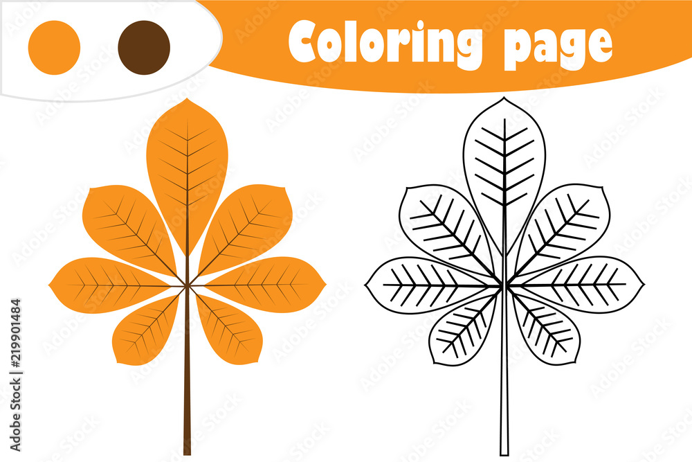 Chestnut leaf in cartoon style, autumn coloring page, education paper ...