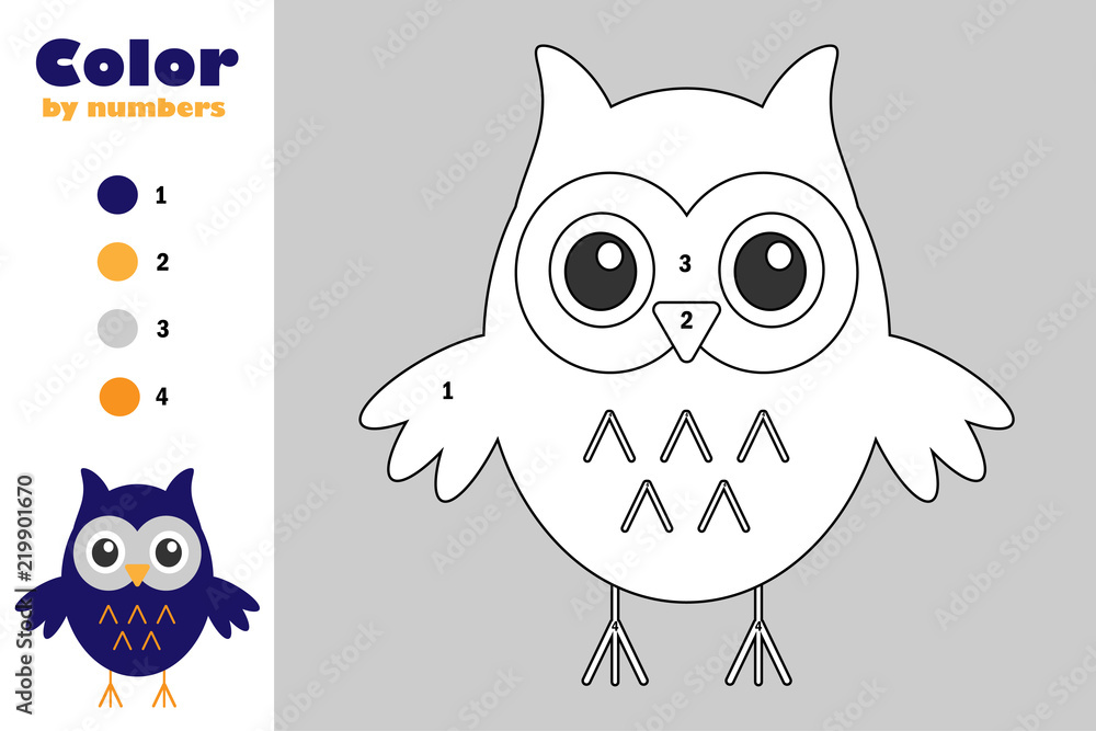 Owl in cartoon style, color by number, halloween education paper game ...