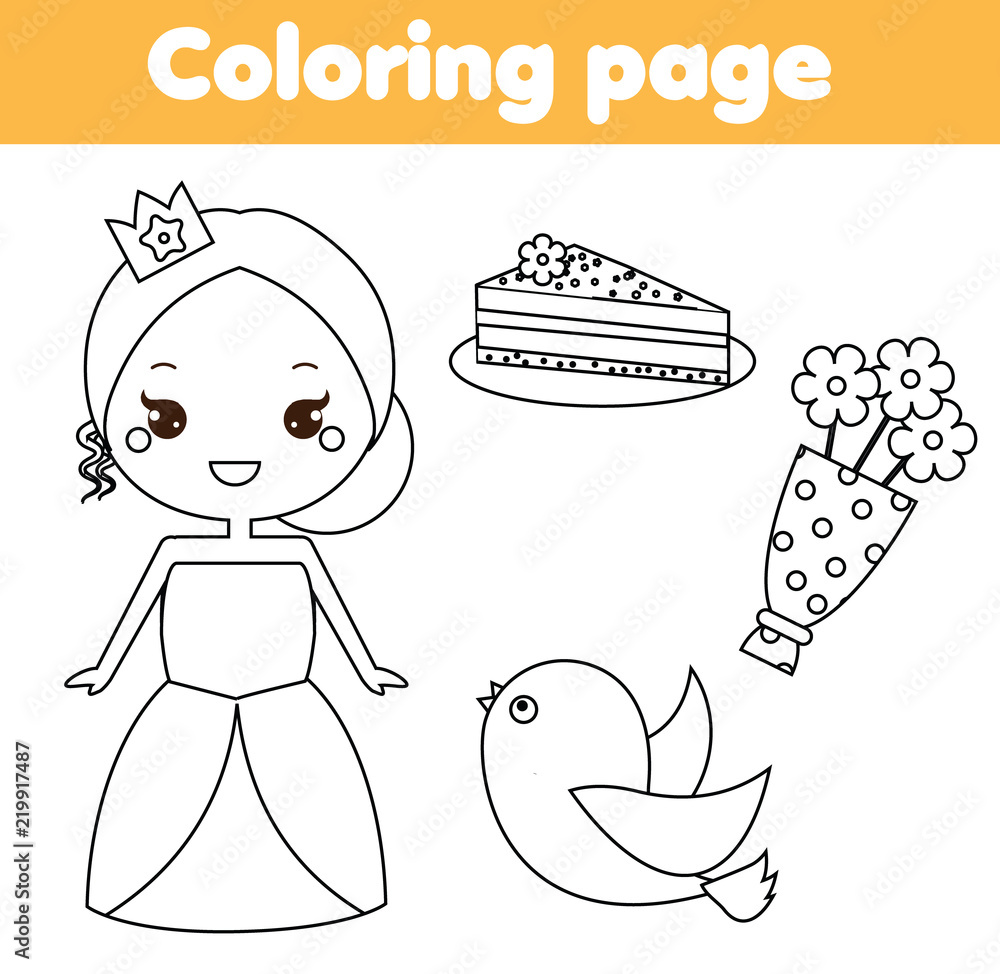 Coloring page. Educational children game. Princess theme. Drawing kids ...