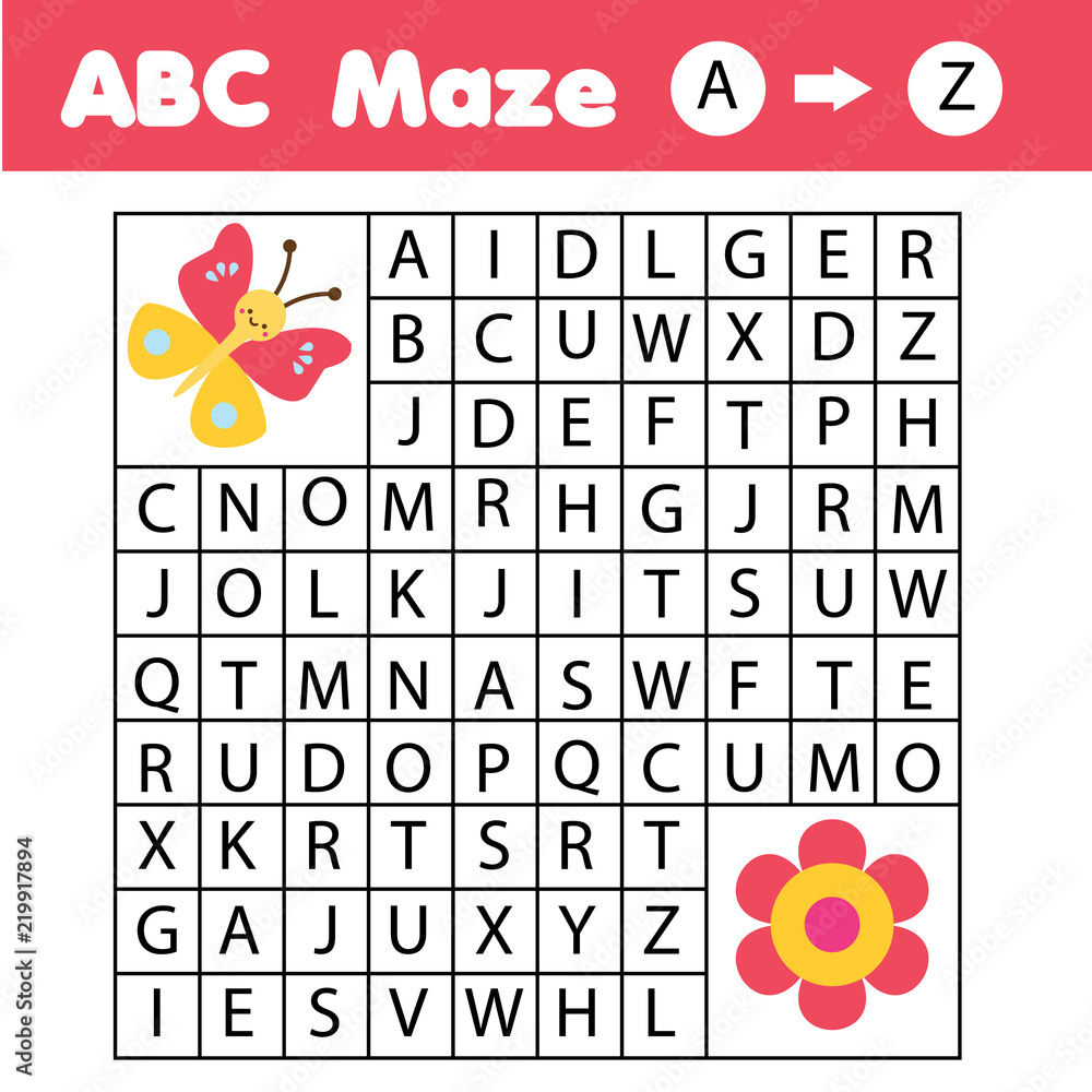ABC Maze game: animals theme. Help butterfly find flower. Activity for ...