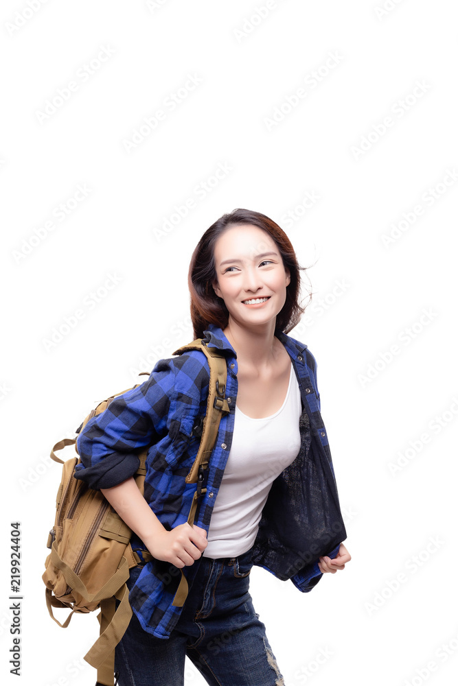 Portrait charming beautiful traveler woman. Attractive beautiful ...