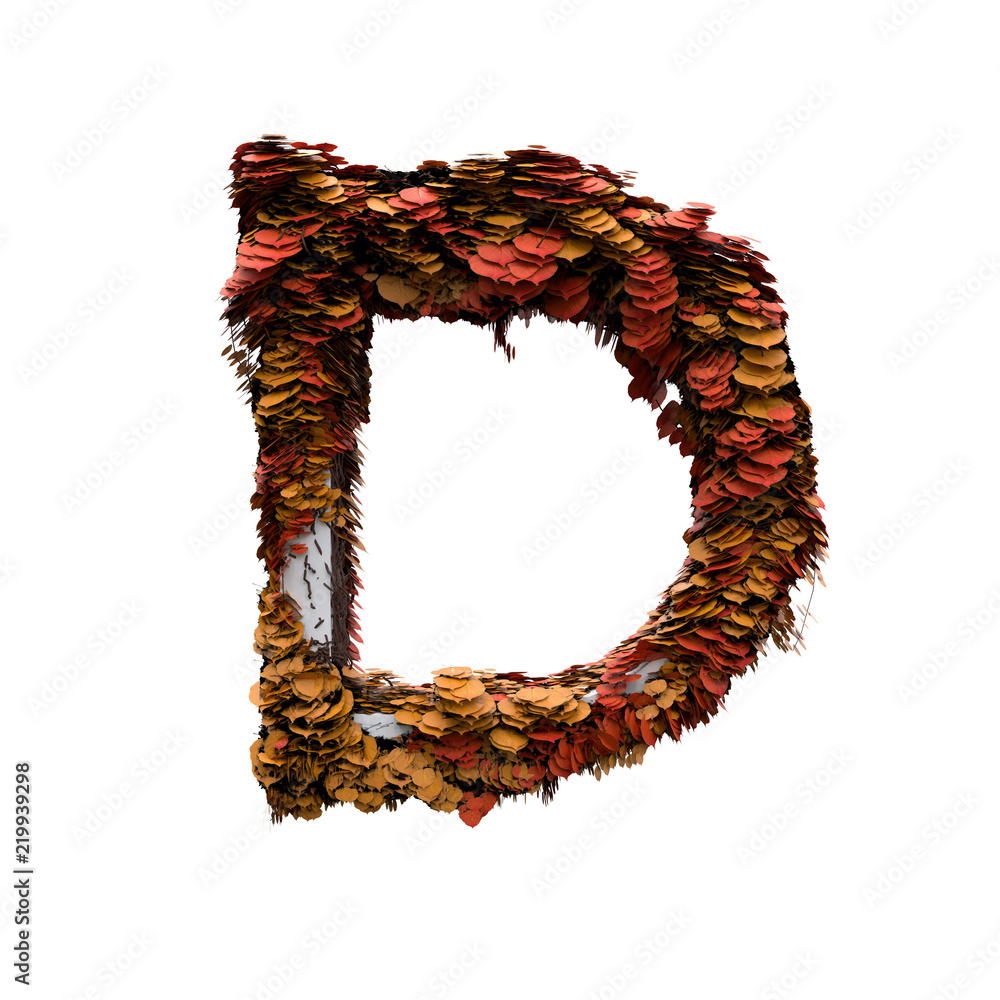 3d illustration autumn alphabet with red yellow leaves. isolated letter ...