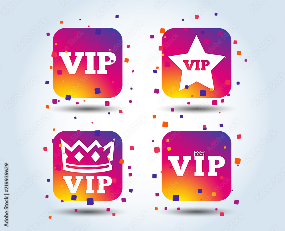 VIP icons. Very important person symbols. King crown and star signs ...