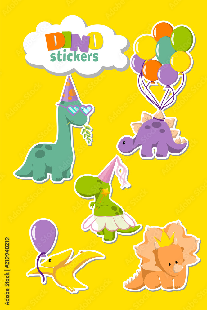 Set of funny dinosaurs stickers for party invitation card, greeting ...