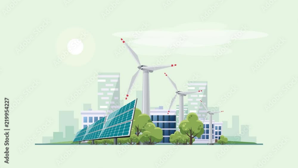 Simple motion loopable 4K flat cartoon animation of wind turbines and ...