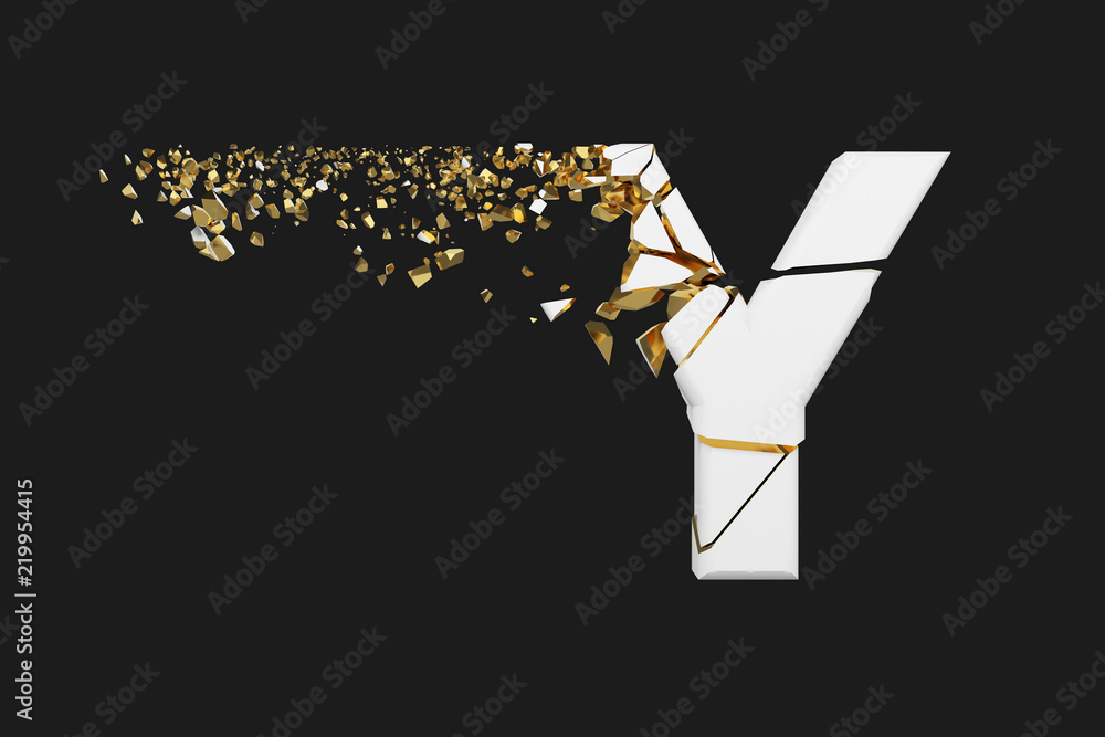 Broken shattered alphabet letter Y uppercase. Crushed white and gold ...