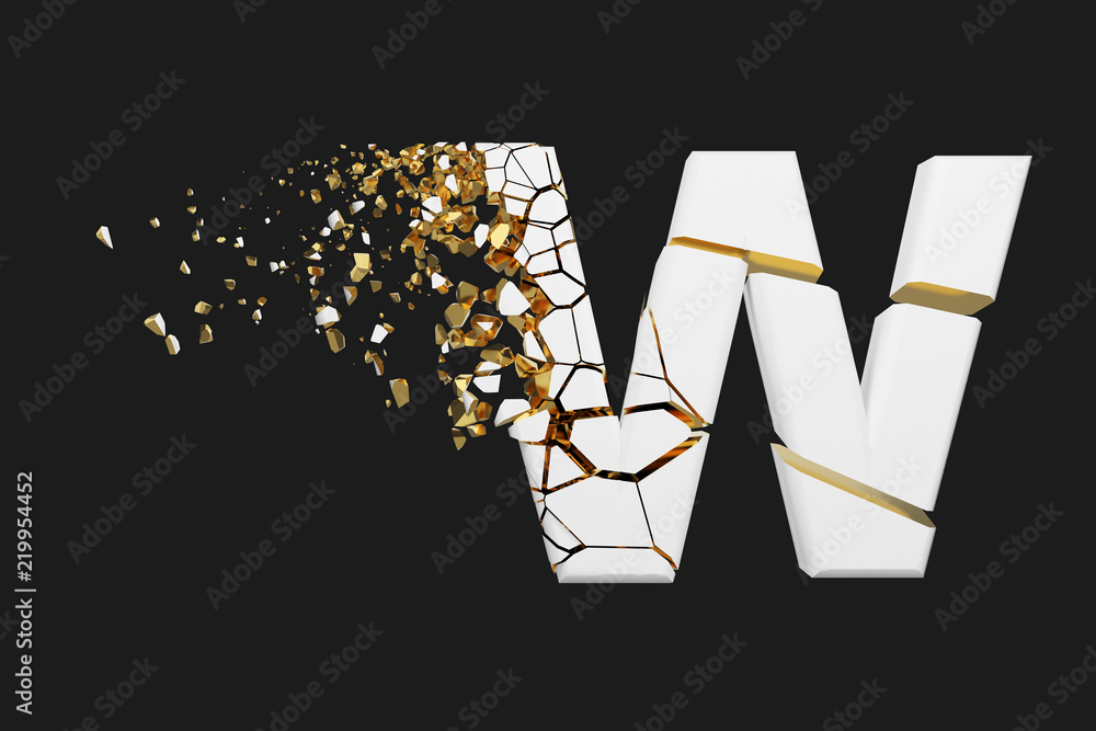 Broken shattered alphabet letter W uppercase. Crushed white and gold ...