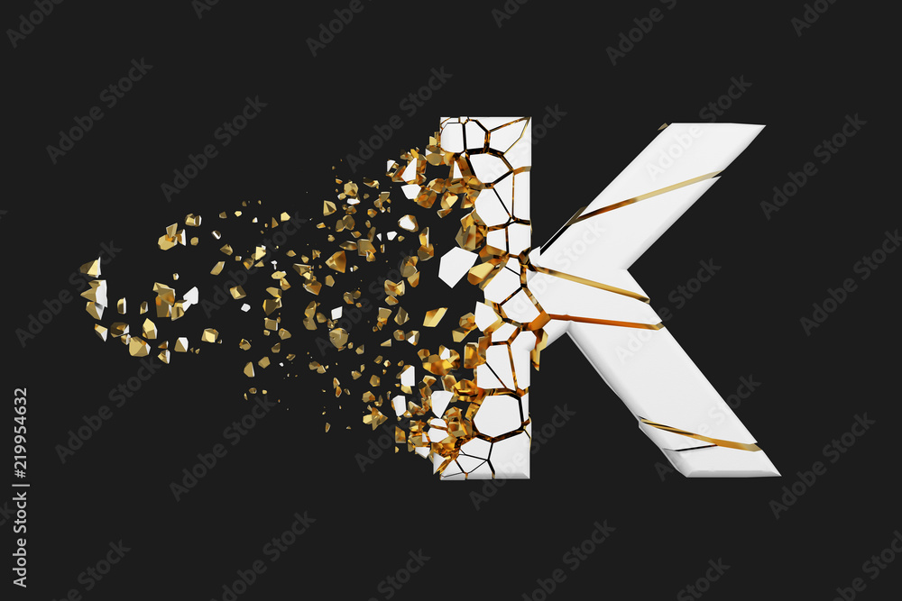 Broken shattered alphabet letter K uppercase. Crushed white and gold ...