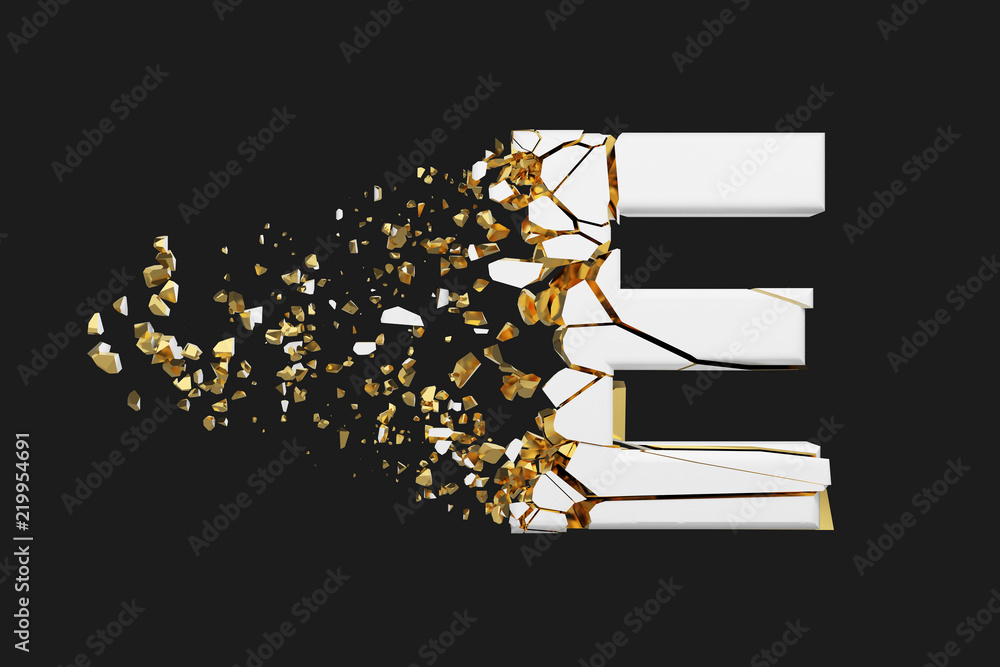 Broken shattered alphabet letter E uppercase. Crushed white and gold ...
