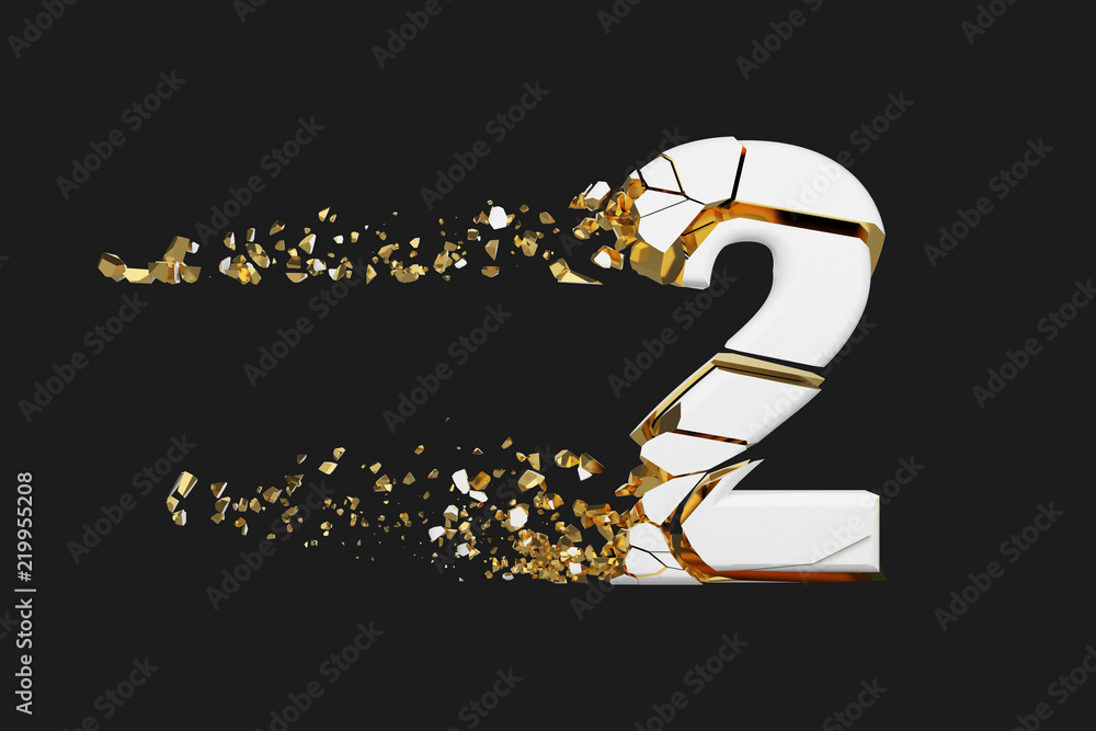 Broken shattered alphabet number 2. Crushed white and gold font. 3D ...