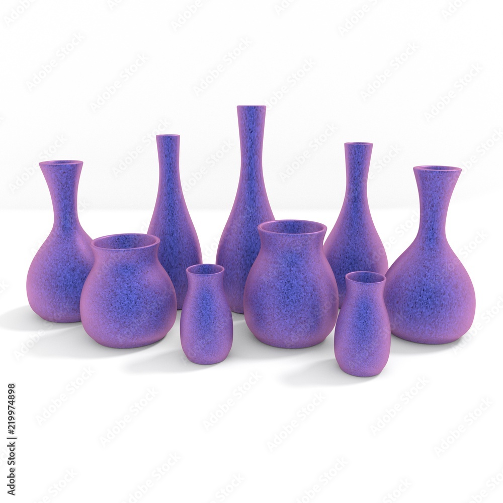 Violet ceramic vases of various shapes on a white background. 3d ...
