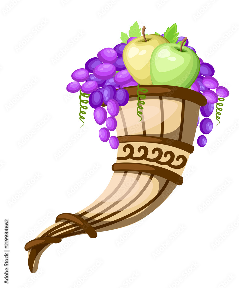 Drinking horn with grapes and apples. Ancient rhyton. Greek or roman ...