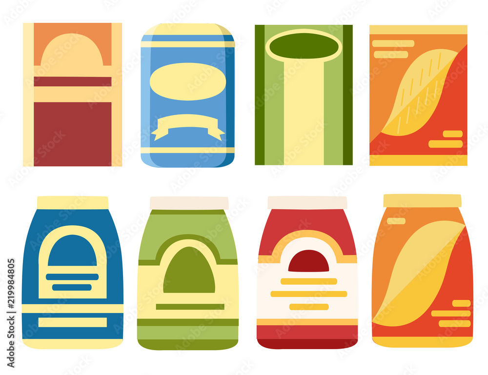 Packages for cereals. Paper and cardboard boxes for food. Flat vector ...