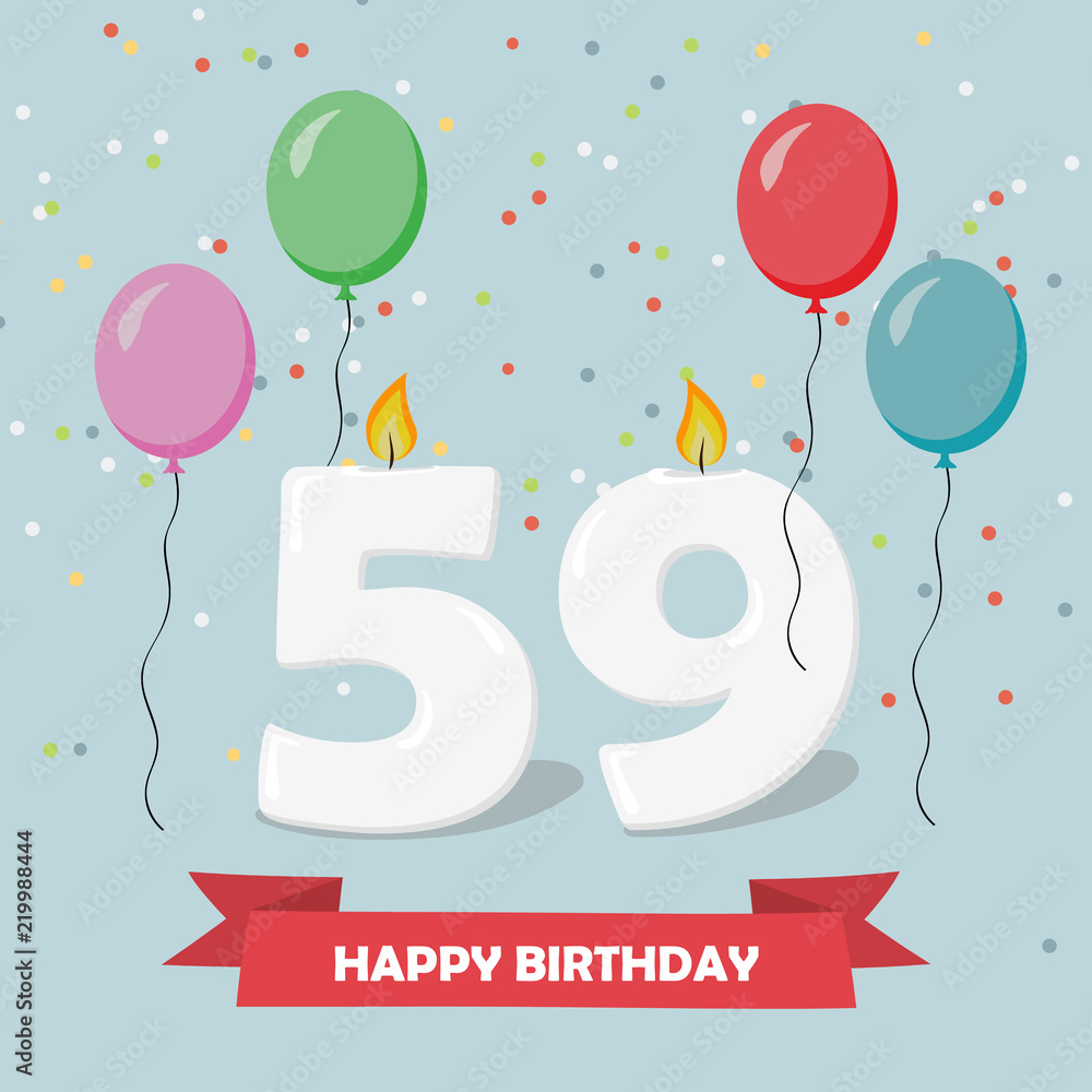 59 years selebration. Happy Birthday greeting card with candles ...