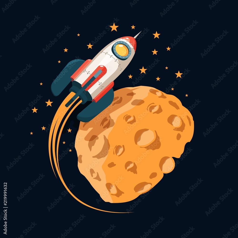 Rocket in space orbits planet like the moon. Color cartoon illustration ...