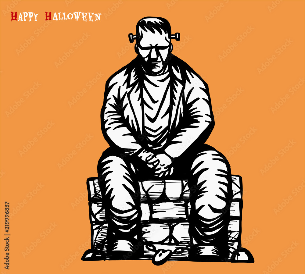 Frankenstein vector tattoo by hand drawing.Frankenstein sit on stone ...