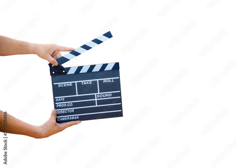 Man hands holding movie clapper isolated on white background. Shown ...