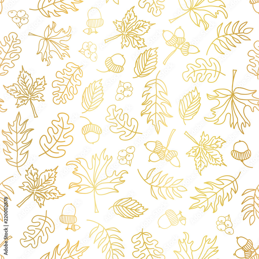 Gold foil autumn leaves seamless vector background. Golden abstract ...