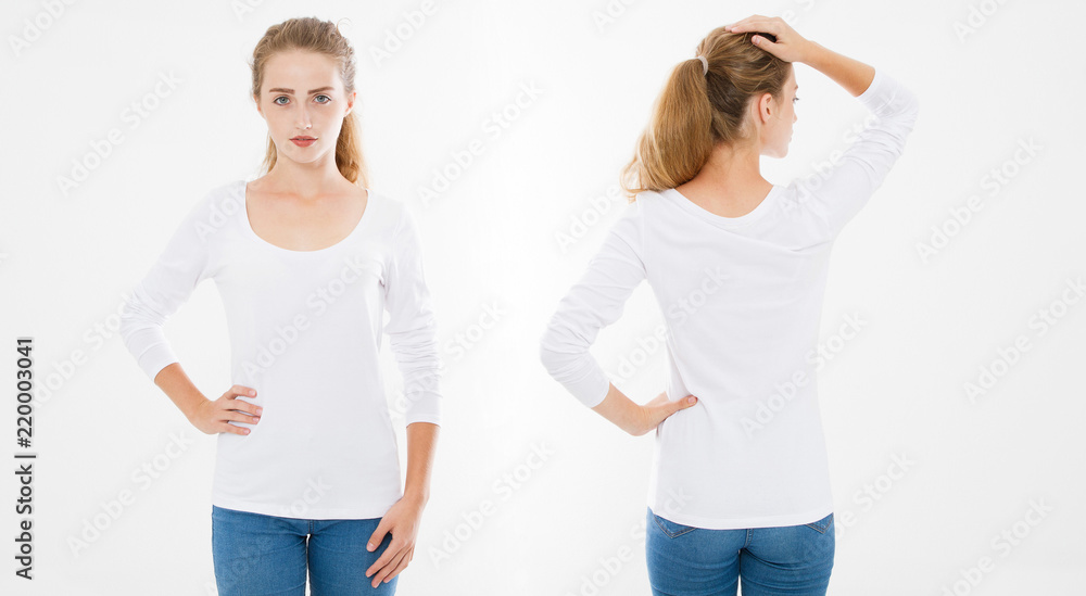 Front and back views of young caucasian girl woman in stylish t-shirt ...