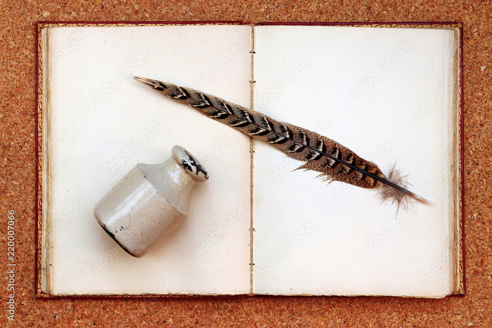 Feather to be used as a quill with Victorian ink bottle, resting on an ...
