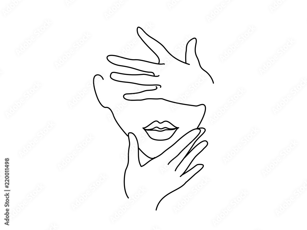 Vecteur Stock Line Drawing Art. Woman face with hands. Vector ...