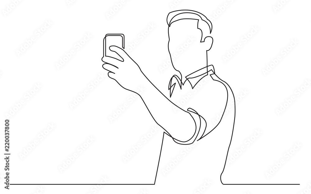 continuous line drawing of standing man making selfie with his mobile ...